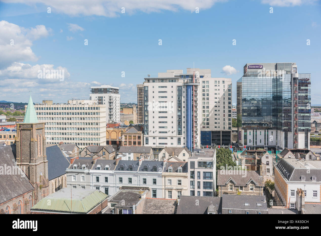 Aerial views over Cardiff City Centre in the Charles St/ Bridge St area ...