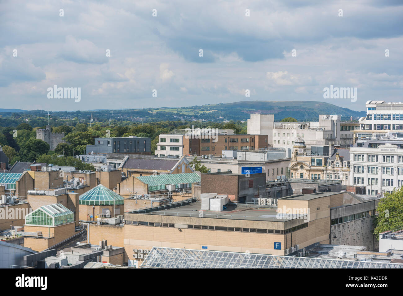 Aerial views over Cardiff City Centre in the Charles St/ Bridge St area ...