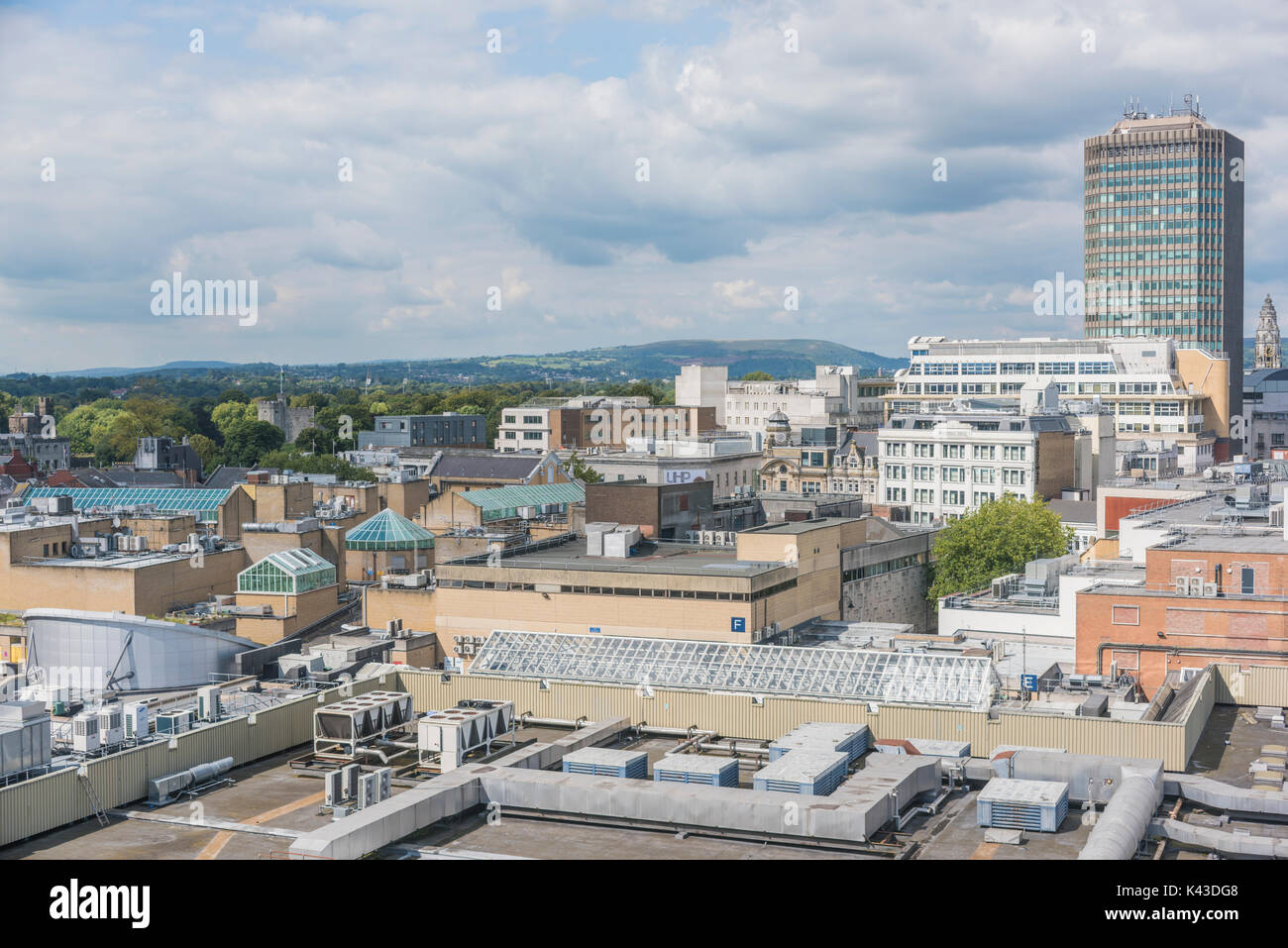 Aerial views over Cardiff City Centre in the Charles St/ Bridge St area ...