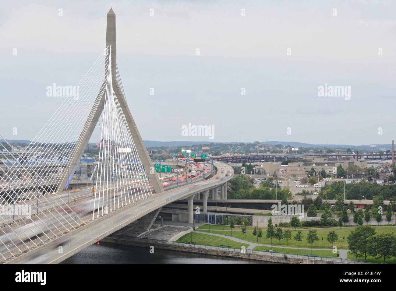 The Zakim Bridge seen from above span the Charles River between Boston ...