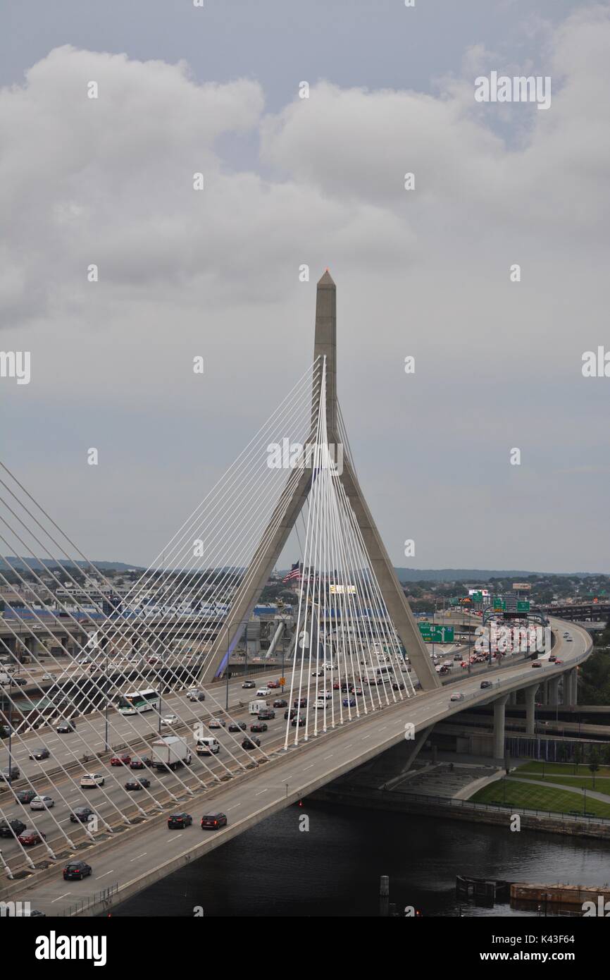 The Zakim Bridge seen from above span the Charles River between Boston ...