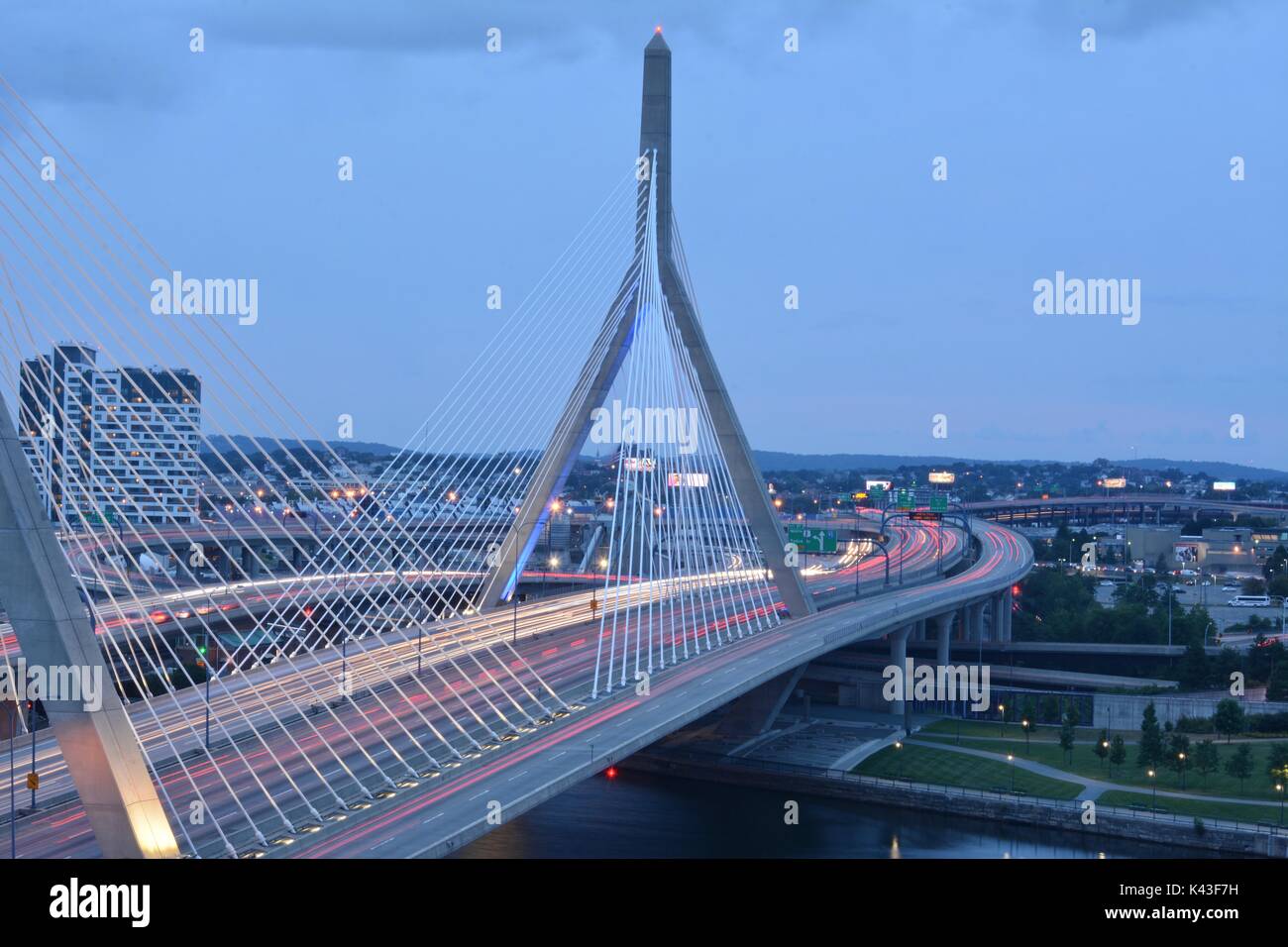 The Zakim Bridge seen from above span the Charles River between Boston ...