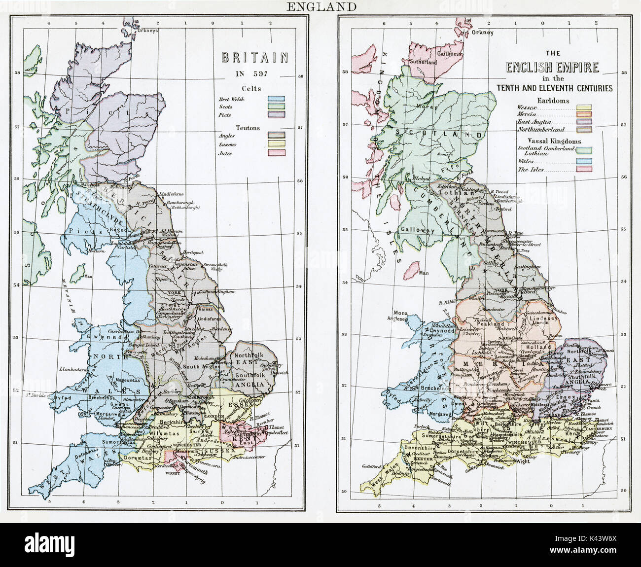 Antique map, circa 1875, of United Kingdom (6,10&11thCenturies Stock ...