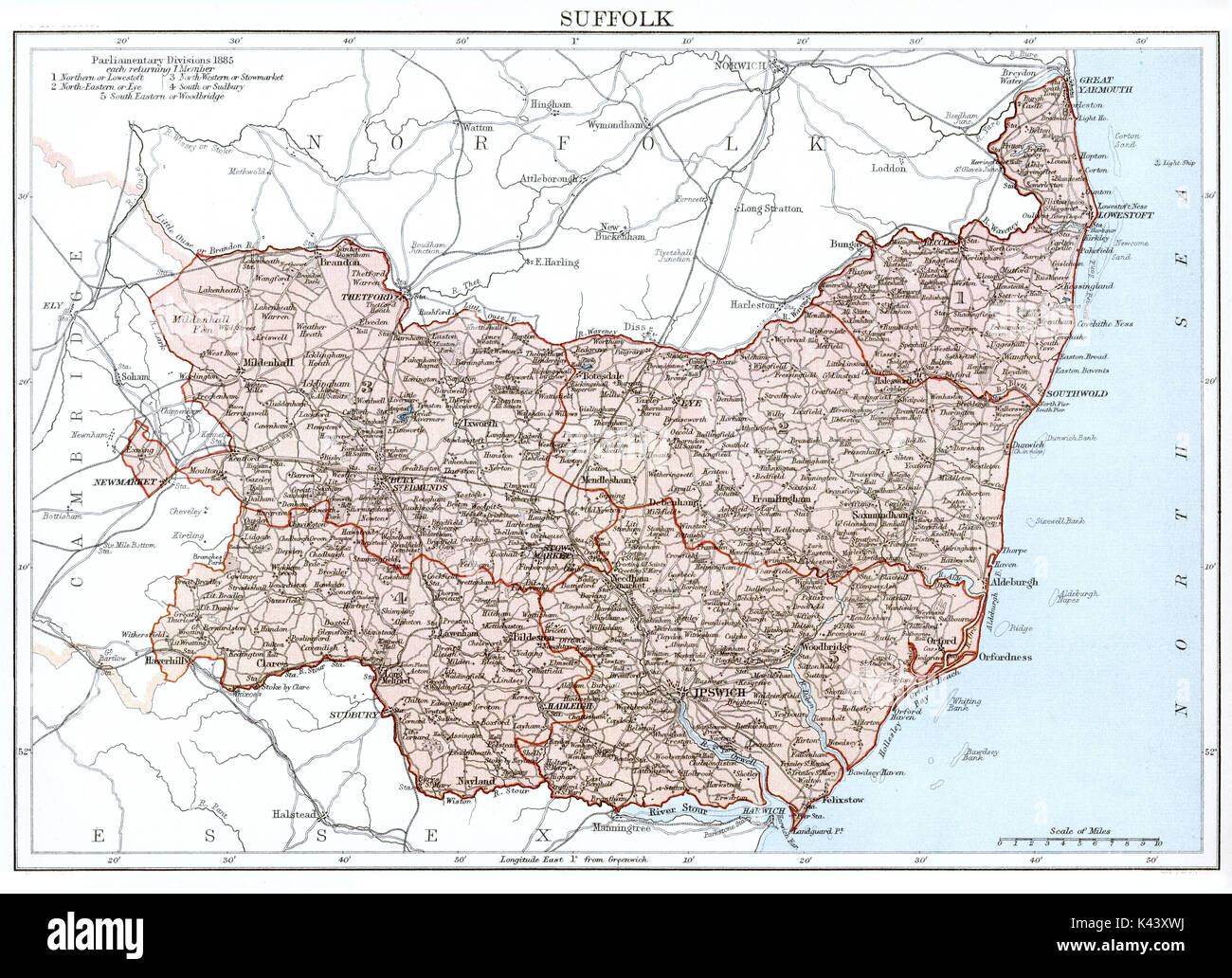 Antique map, circa 1875, of Suffolk Stock Photo - Alamy
