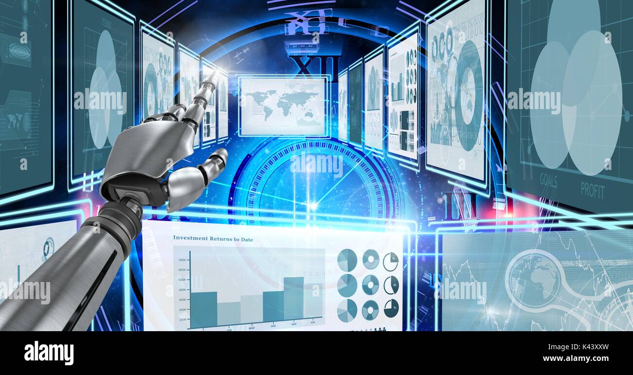Digital composite of Robot hand interacting with technology interface ...