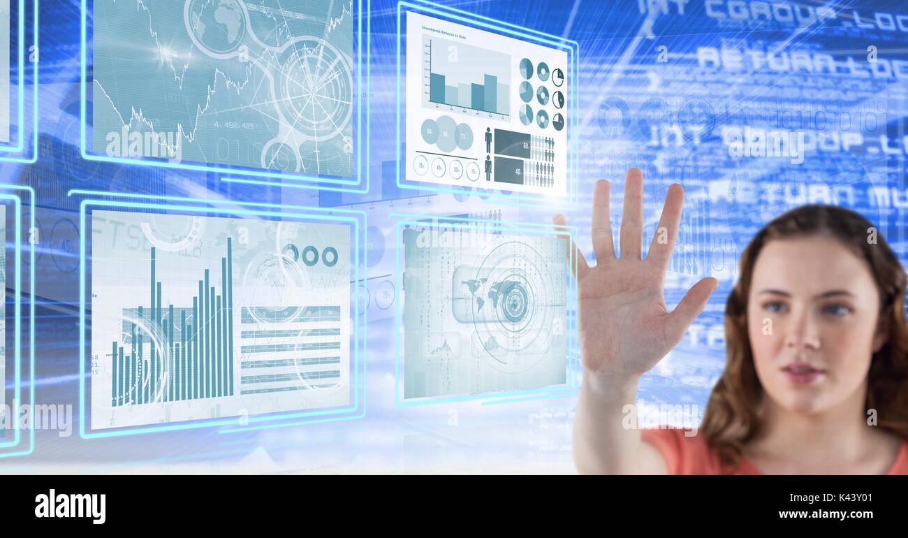 Digital composite of woman touching and interacting with technology ...