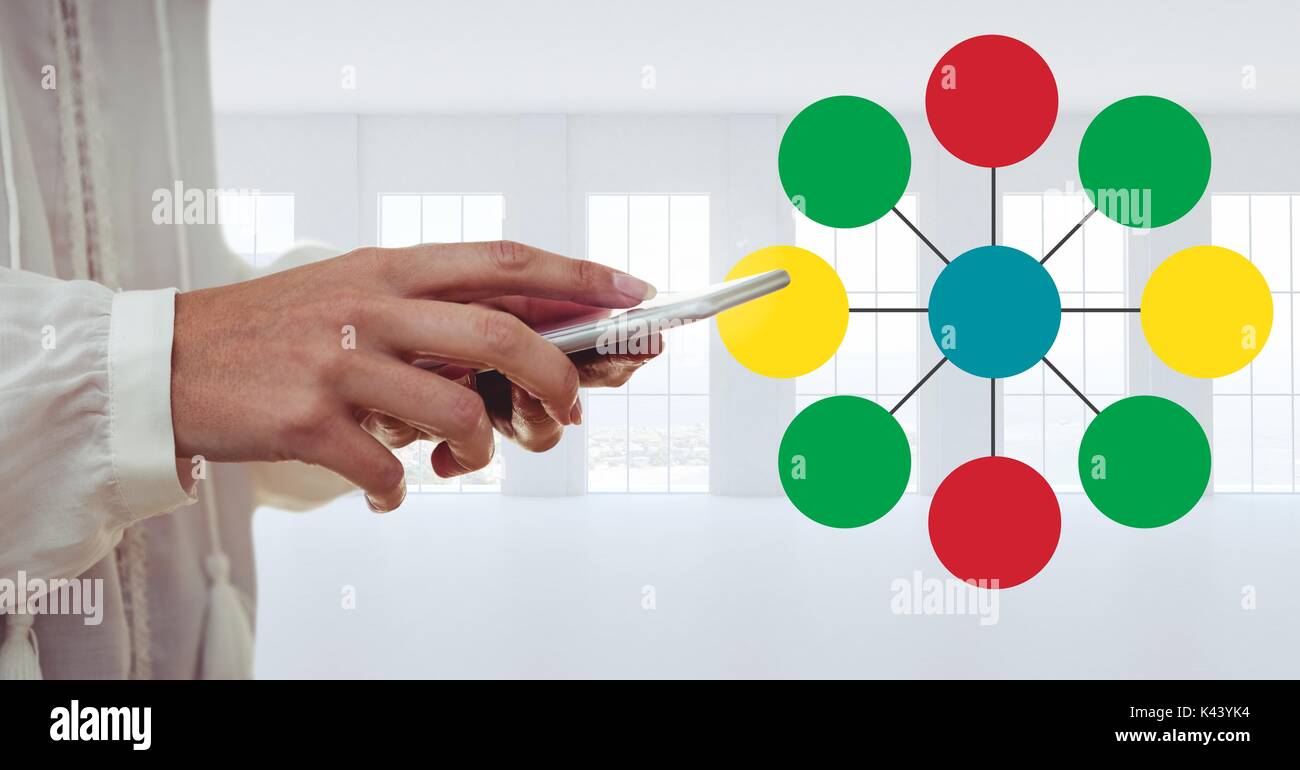 Digital composite of Hands with phone and Colorful mind map over bright ...