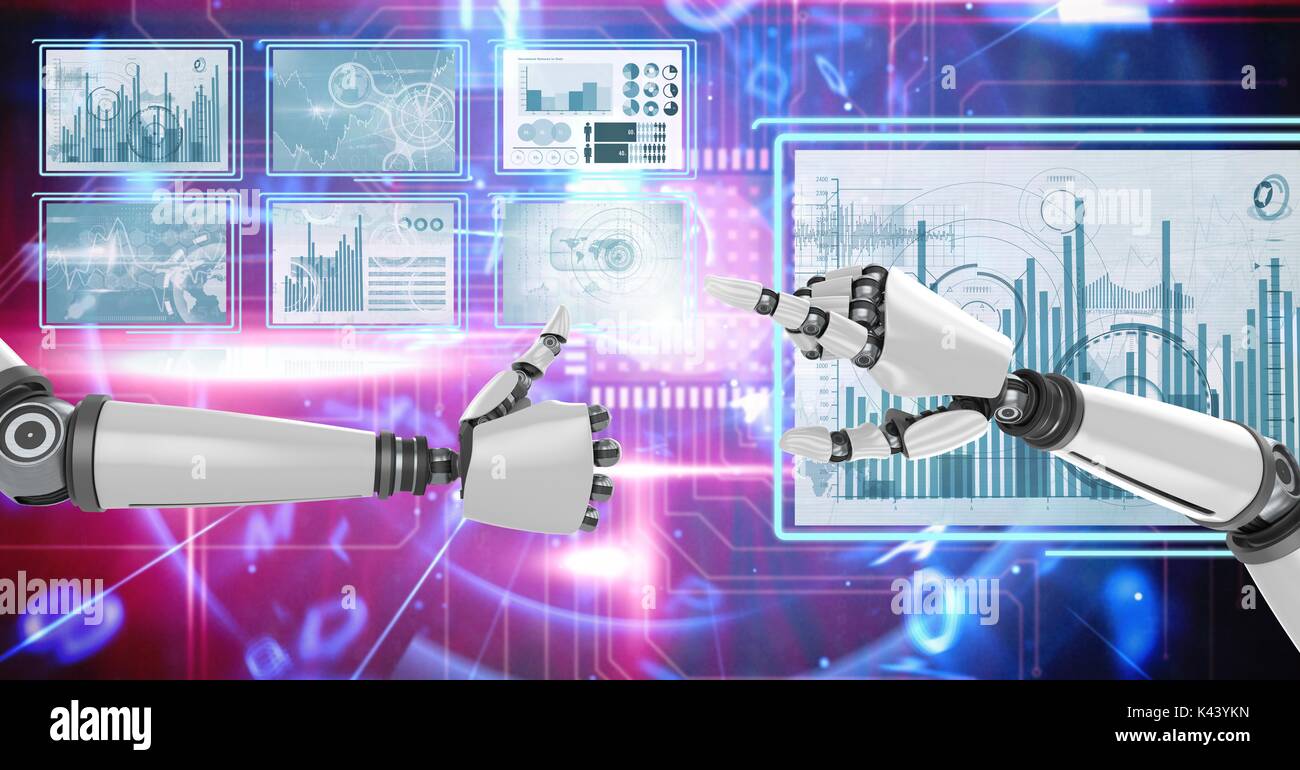 Digital composite of Robot hands interacting with technology interface ...