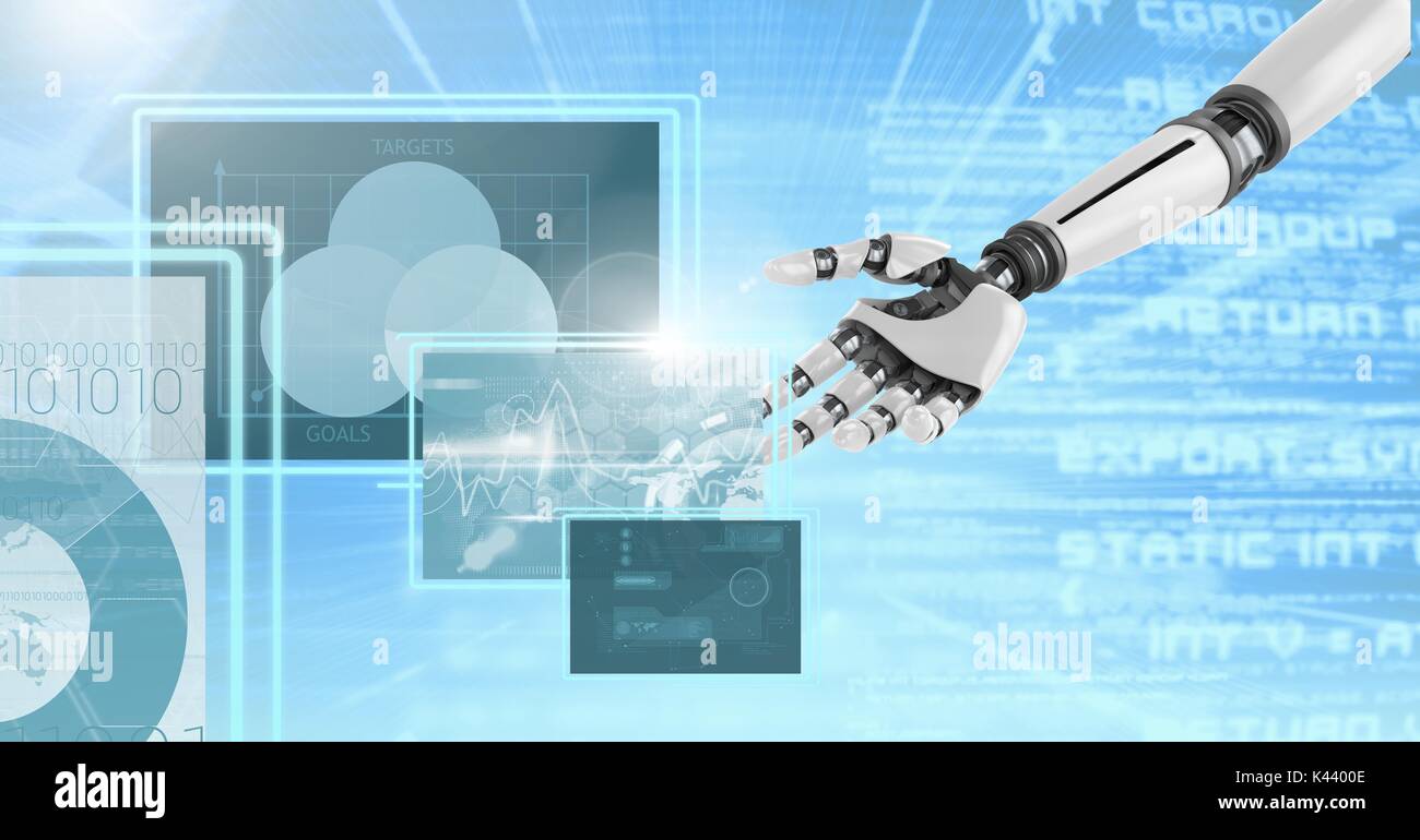 Digital composite of Robot hand interacting with technology interface ...