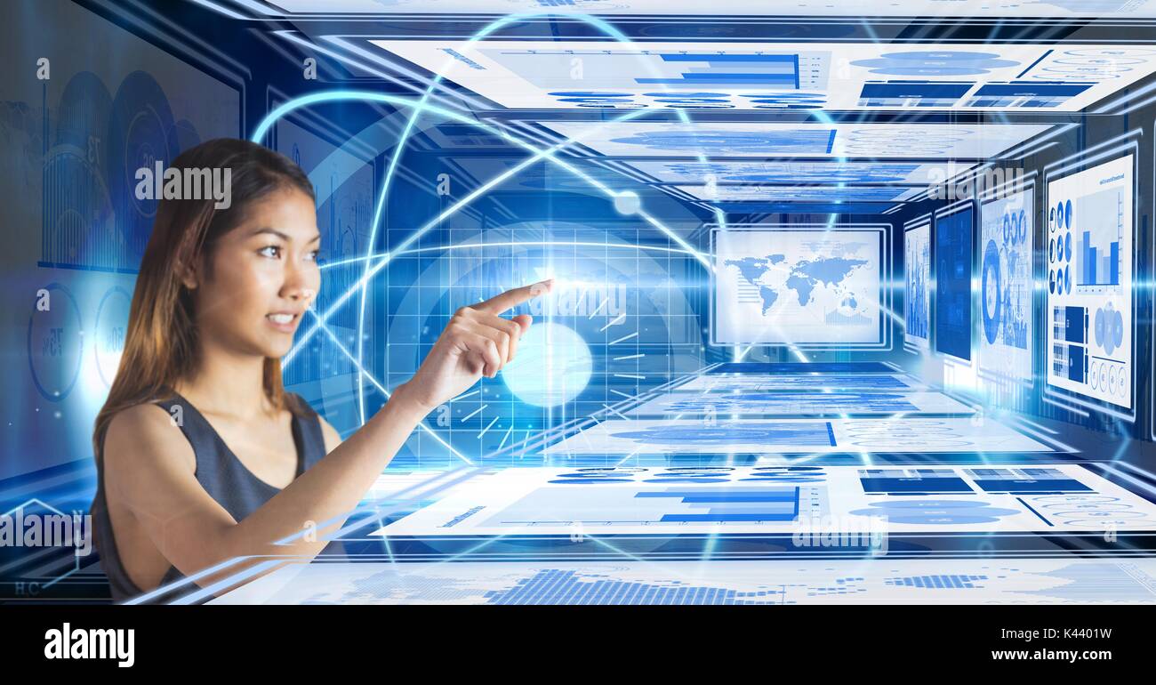 Vector illustration of a woman interacting with a digital interface hi ...