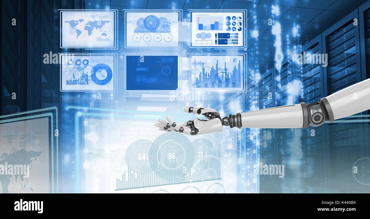 Digital composite of Robot hand interacting with technology interface ...