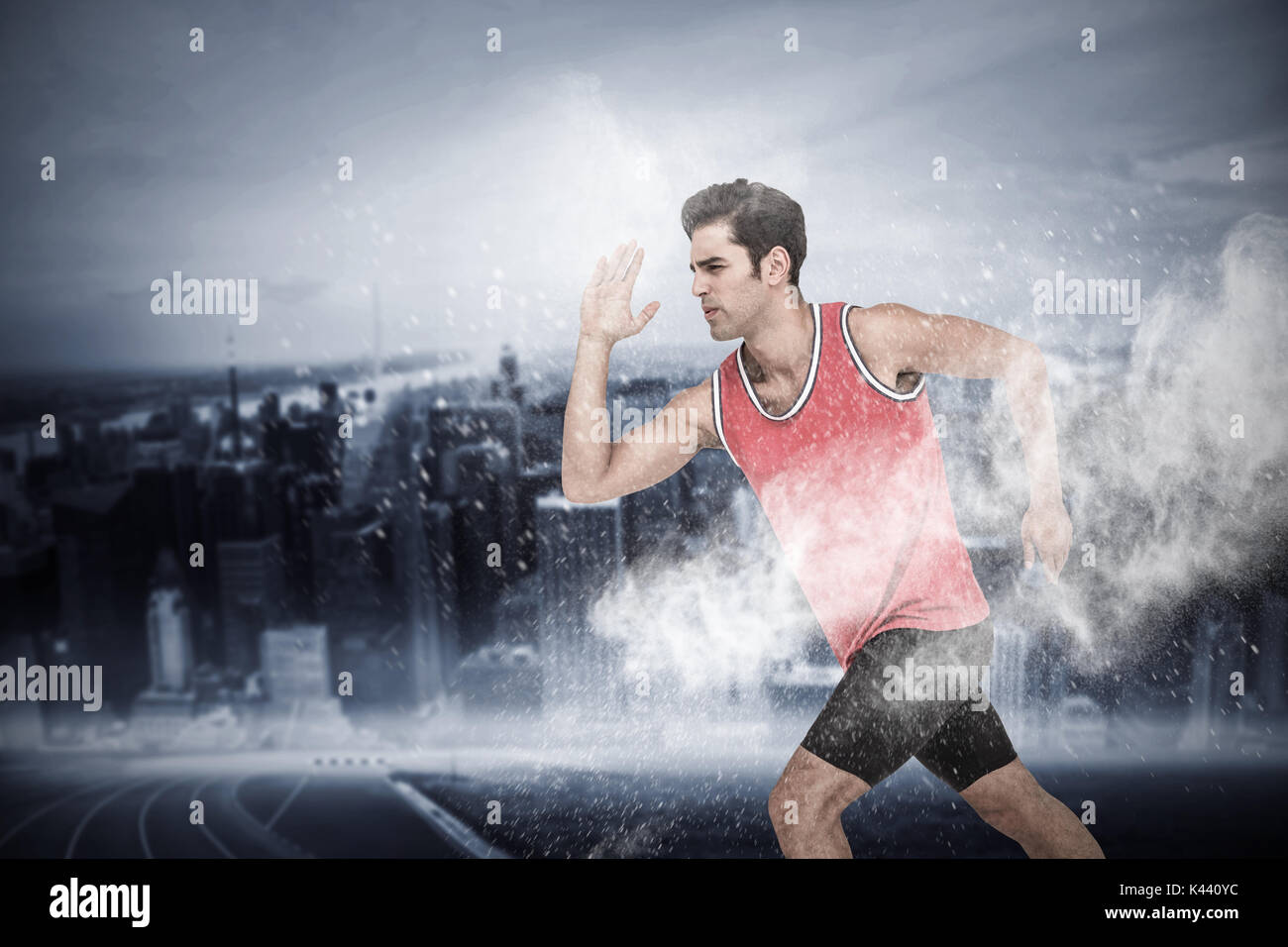Athlete man running on white background against splashing of white dust ...