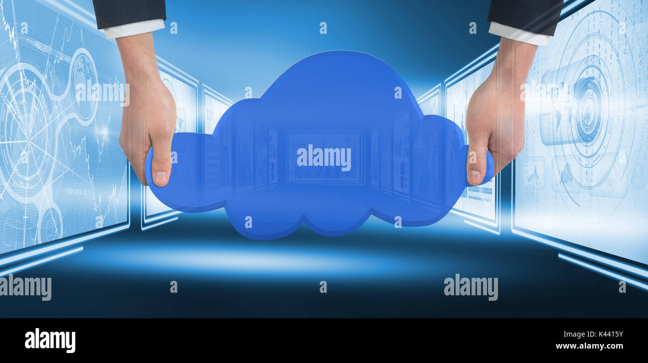 Hand holding cloud against computer graphic image of business charts ...