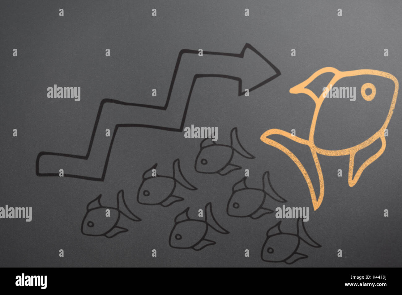 Graphic image of fish and arrow symbol against grey Stock Photo - Alamy