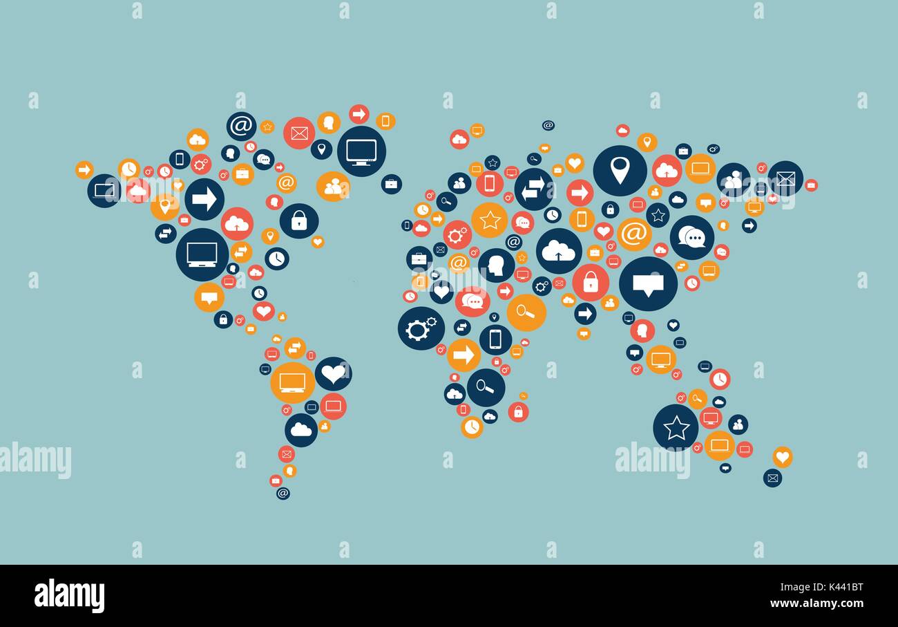 World map with social media icons vector Stock Vector Image & Art - Alamy