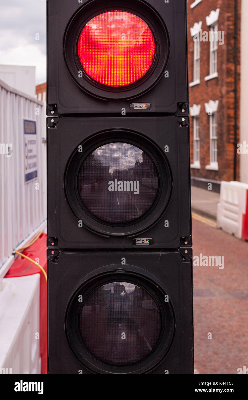 Temporary red traffic light in Norwich , Norfolk , England , Britain ...