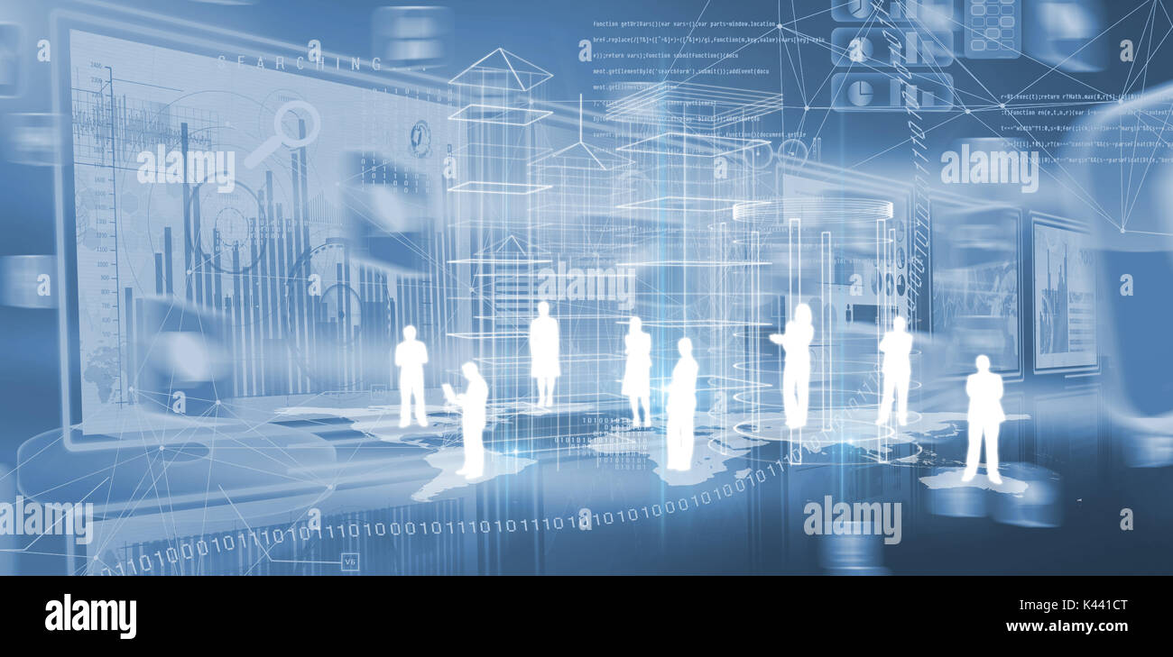 Computer graphic image of business graphs against technology interface ...