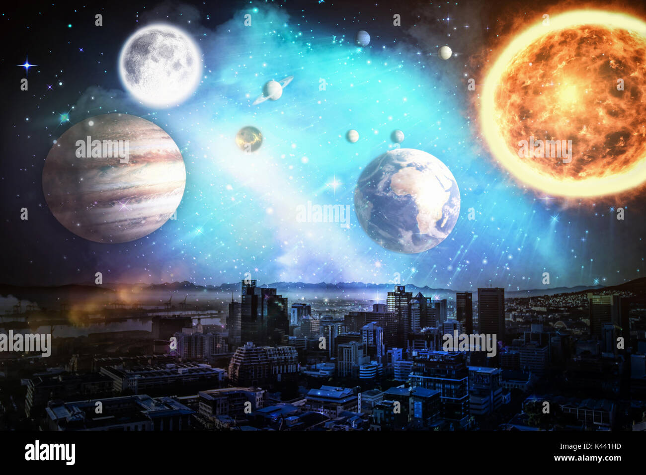 Composite image of solar system against white background against city ...