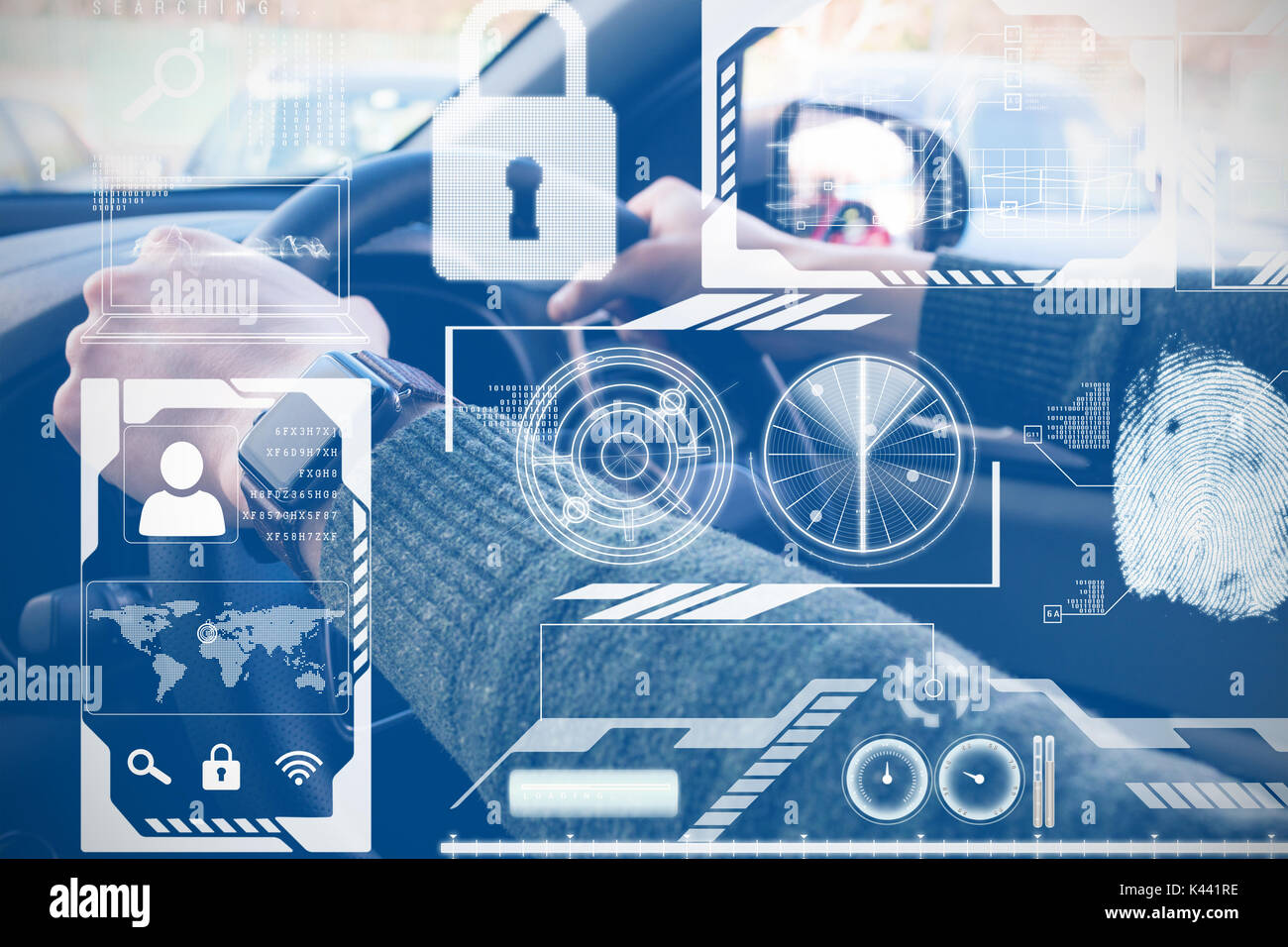 Identification interface against cropped hands of customer driving car ...