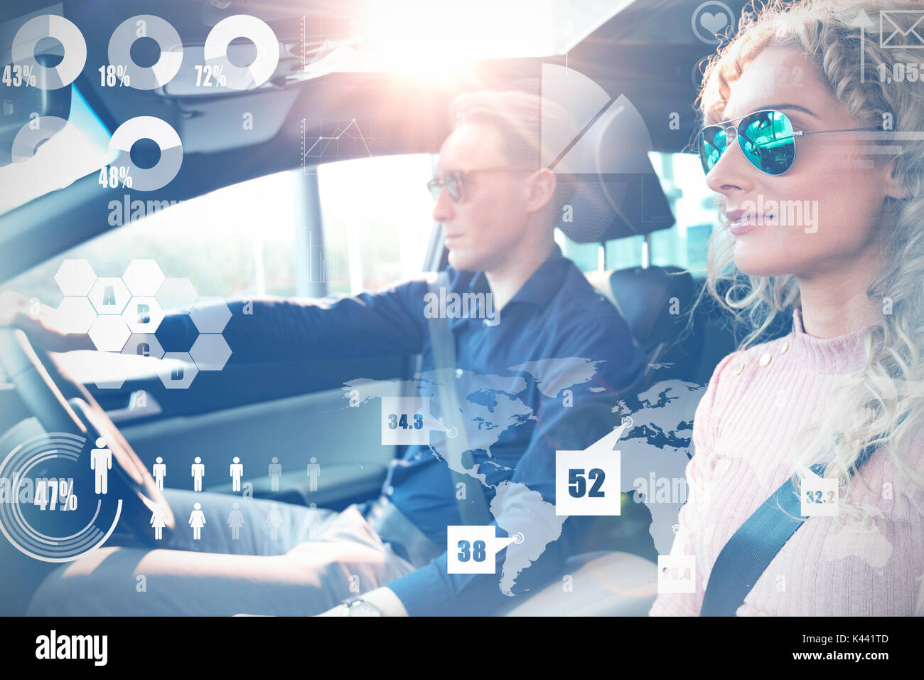 Abstract technology interface against couple doing test drive in car ...