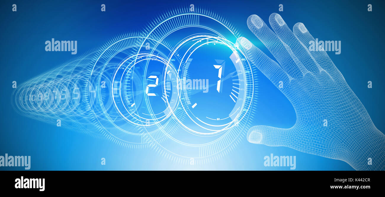 3d composite image of human hand against interface dial countdown with ...