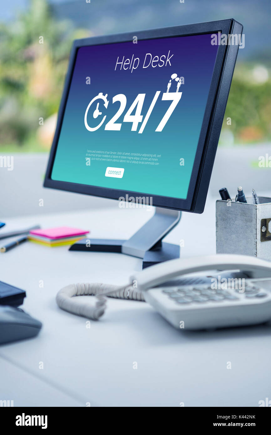 Icons with help desk text against computer and telephone on desk Stock ...