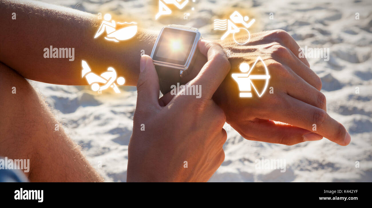 Illustration of various sports activities against man checking his ...