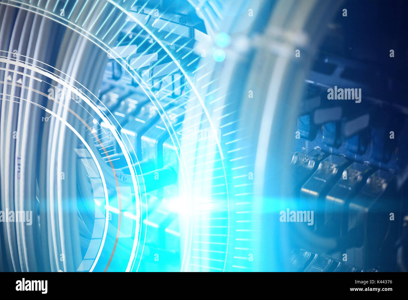 Graphic image of interface against close-up of rack mounted server ...