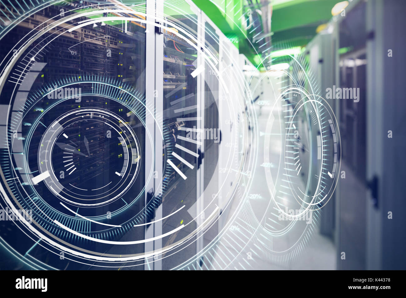 Interface dial with blue background against view of data technology ...