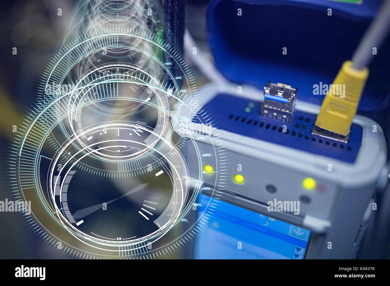 Multiple interface dial in blue background against view of data ...