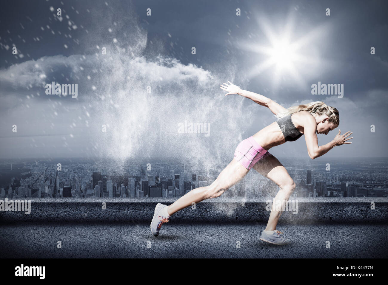 Sporty woman running on a white background against balcony overlooking ...