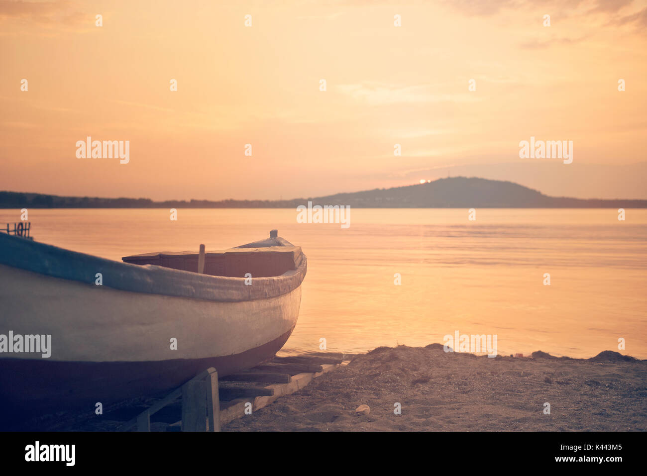 Close Up Of Wooden Blue Boat On The Beach. Vintage Filter Looking Stock ...