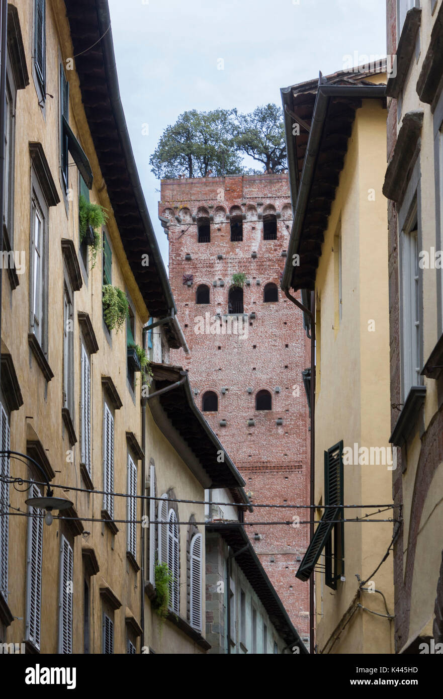 LUCCA, ITALY - AUGUST 15 2015:Old buildings in Lucca with the famous ...