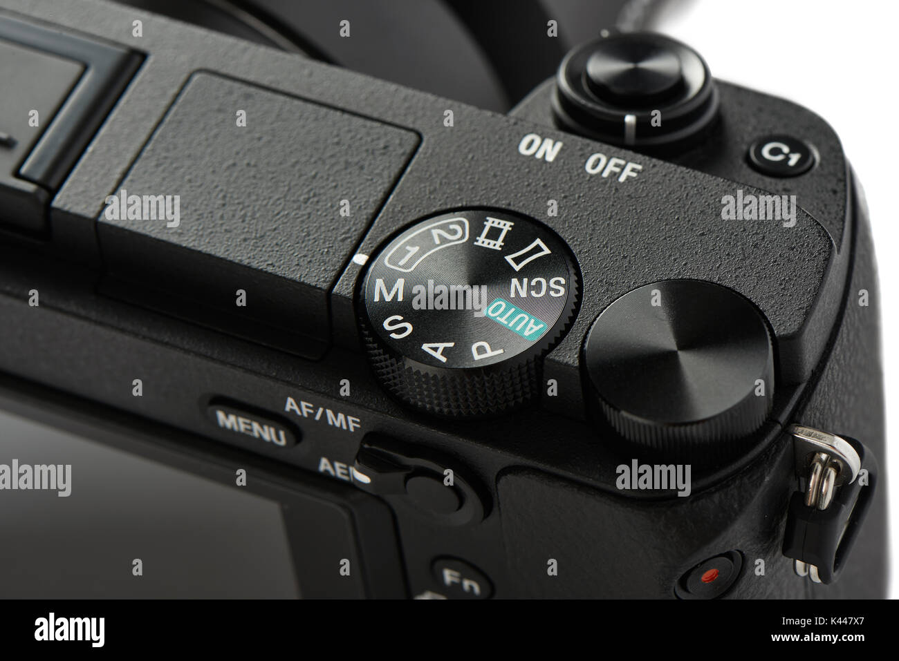Closeup of mode selection dial on a Mirrorless Camera, isolated on ...