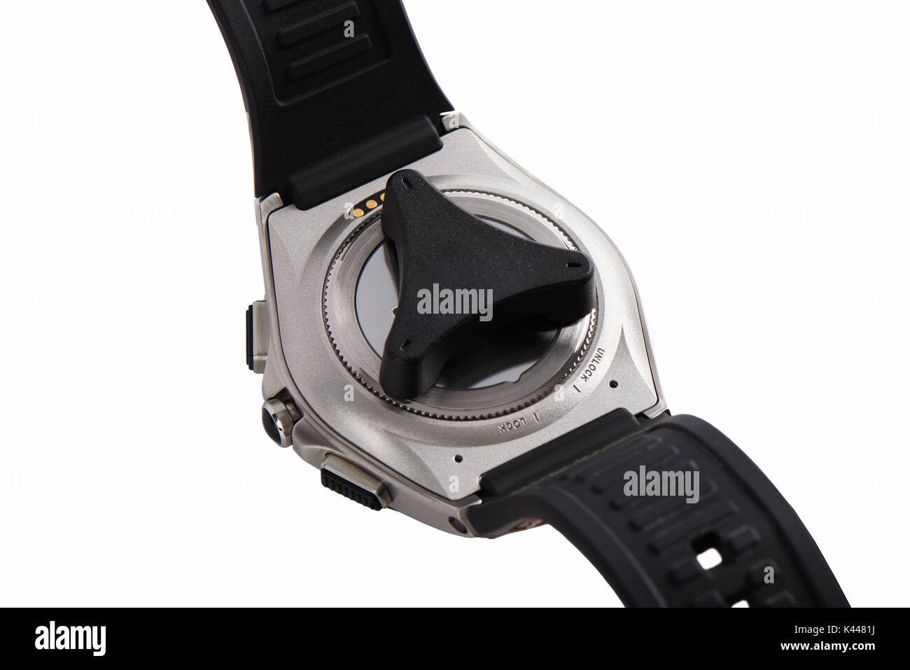 The back of smart watch with opener, isolated on white. Smart watch has ...