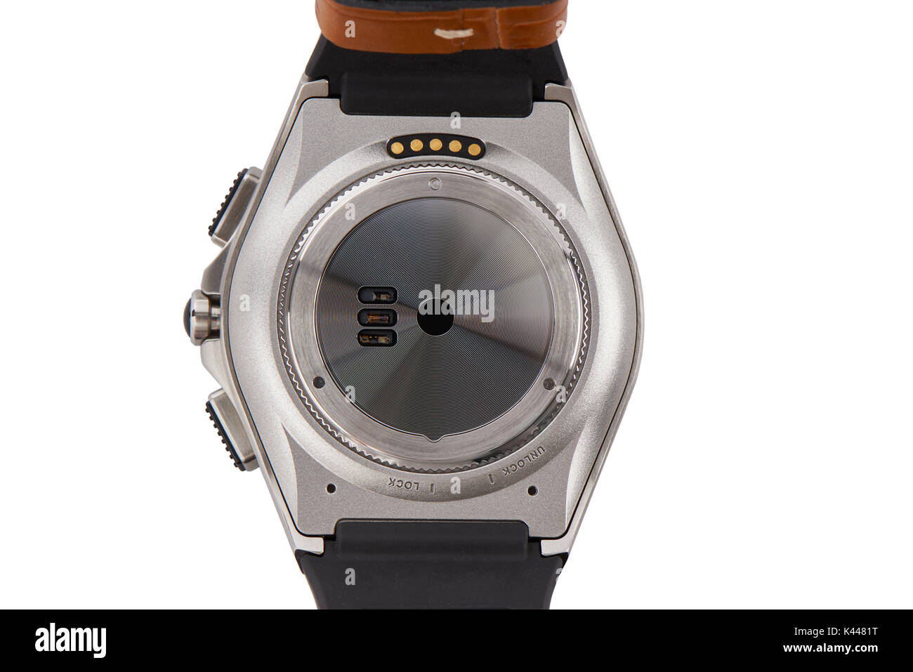 The back of smart watch, isolated on white. Smart watch has not only ...