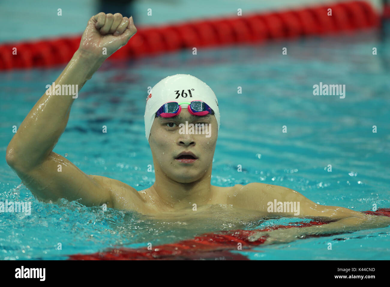 Tianjin. 4th Sep, 2017. Sun Yang of Zhejiang celebrates after the men's ...