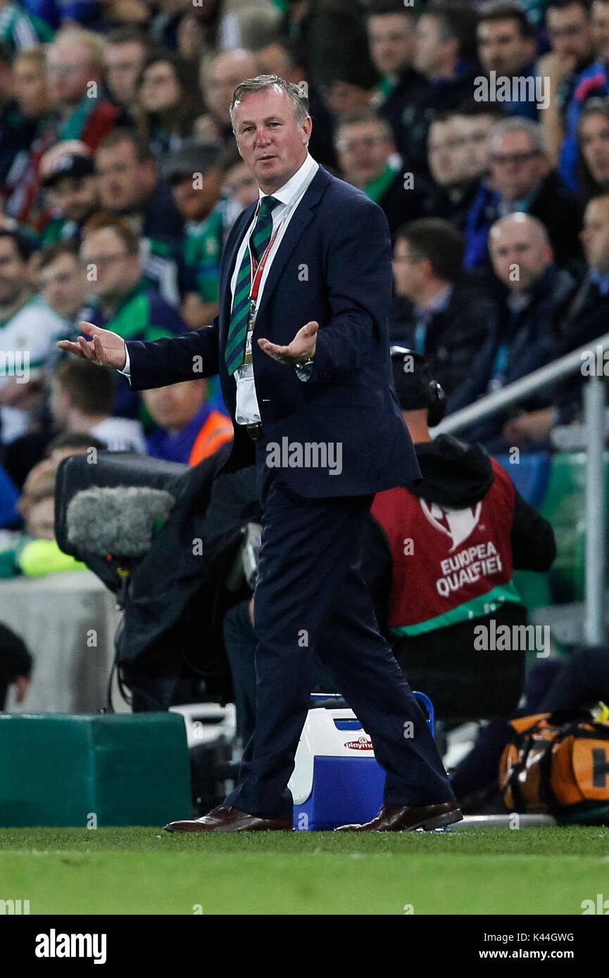 Northern Ireland Manager Michael O'Neill urges the crowd on during the ...
