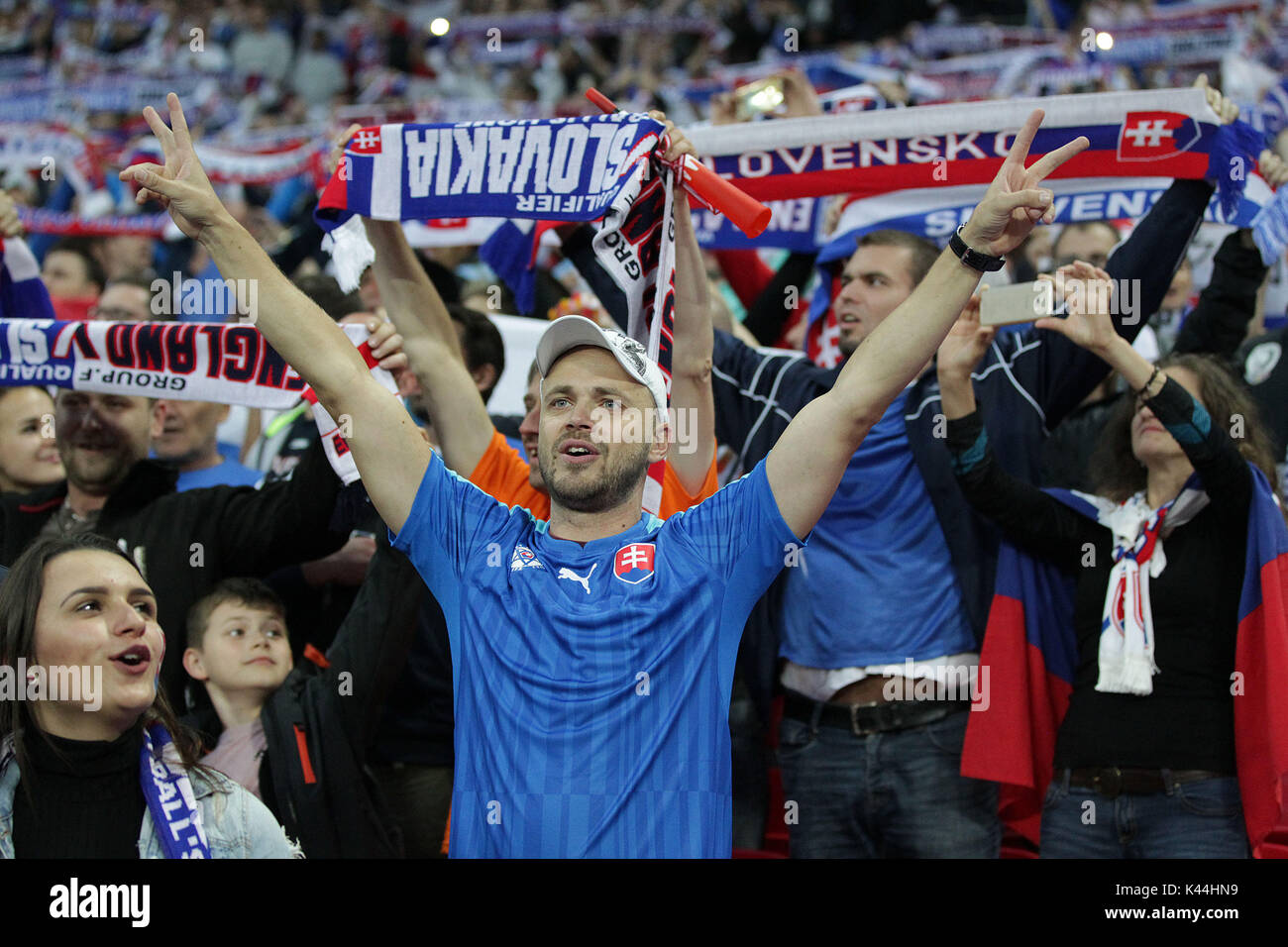 Slovakia supporters sing their national anthem before the FIFA World ...