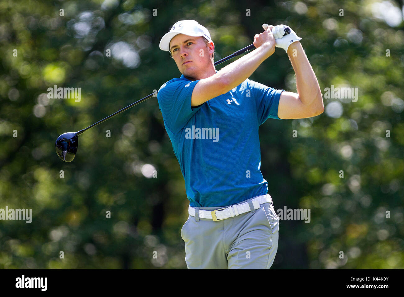 TPC Boston. 4th Sep, 2017. MA, USA; Jordan Spieth at the second tee box ...