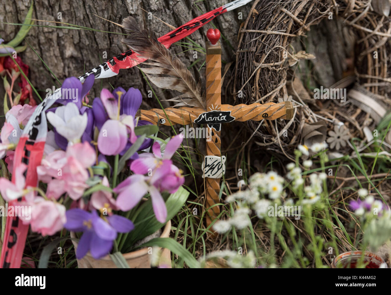 A cross reads "Maria" near the site of crime at the river Dreisam in ...