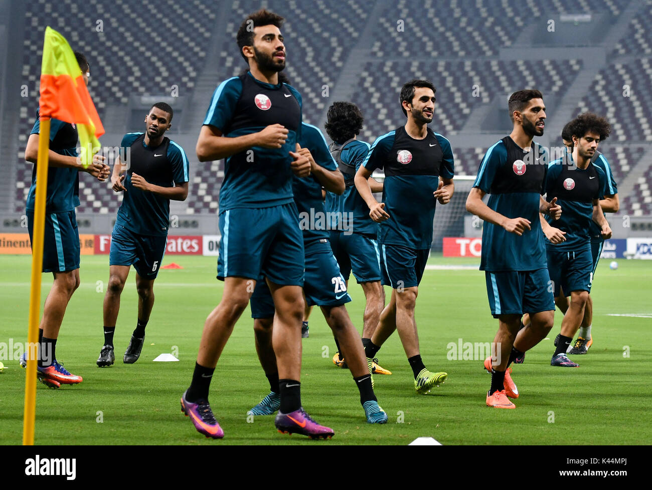 Doha, Qatar. 4th Sep, 2017. Players of Qatar's national soccer team ...