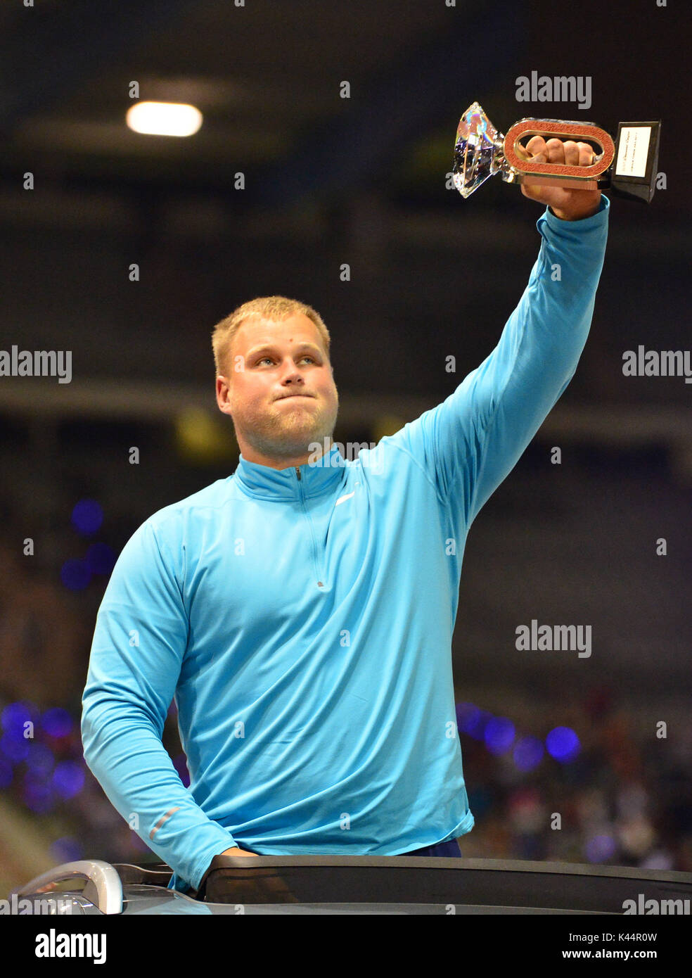 Andrius Gudzius (LIT) poses with the IAAF Diamond League discus ...