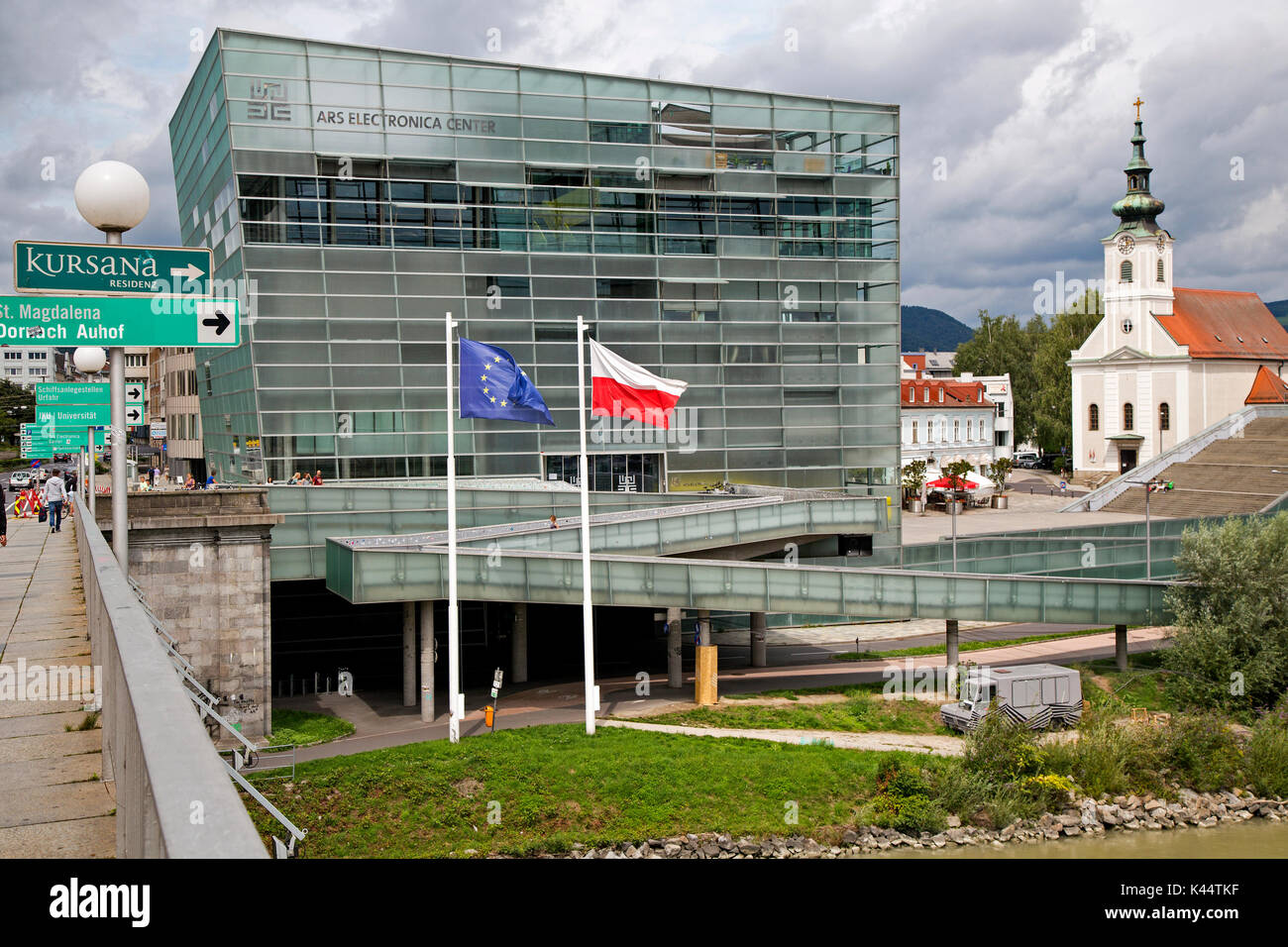 The Austrian and EU flags fly outside the Electronica Centre in Linz ...
