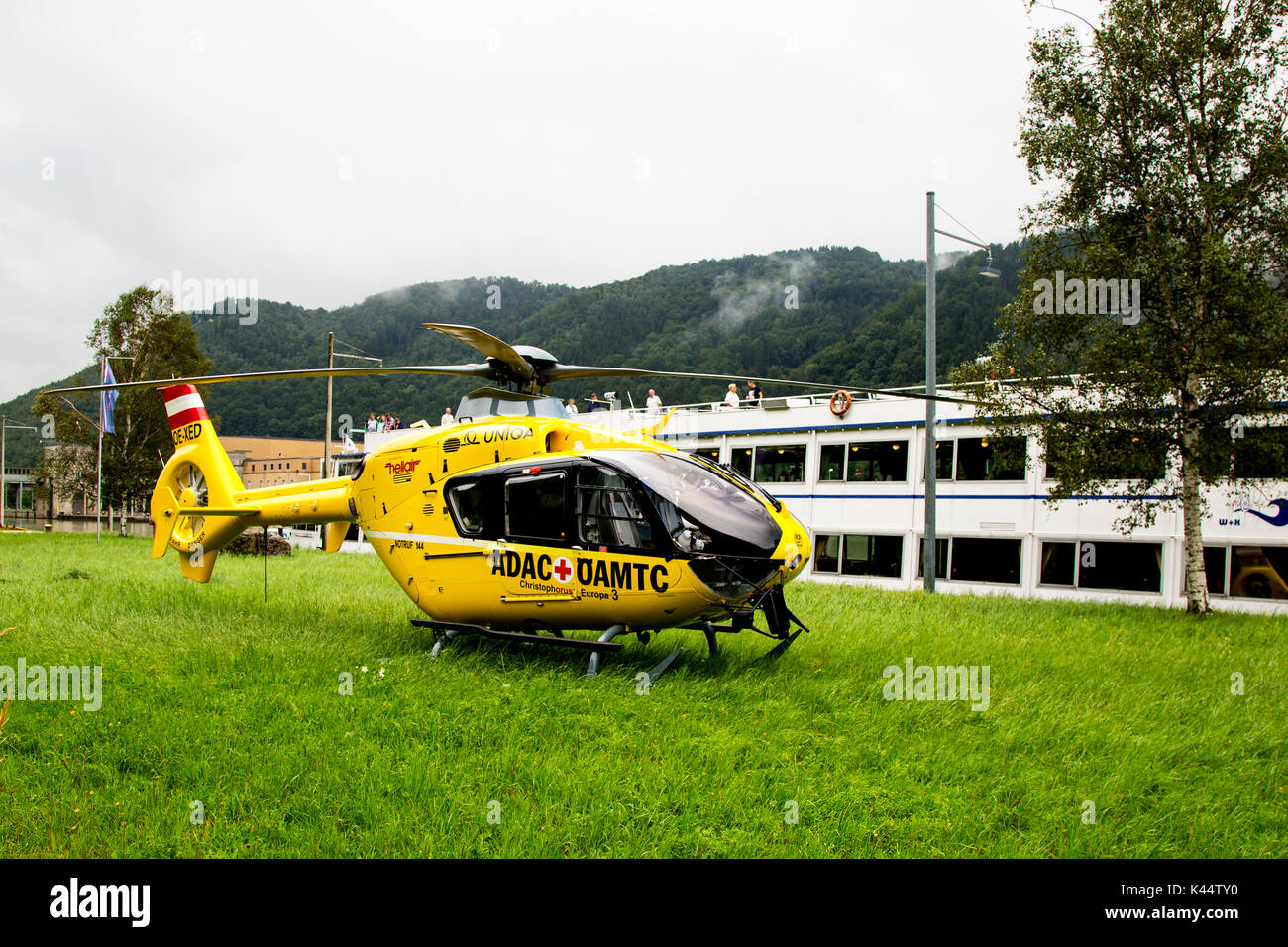 A German air ambulance on the banks of the River Danube near Passau ...