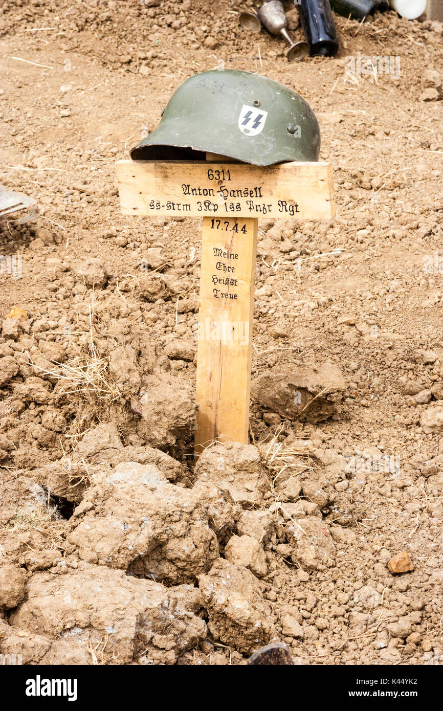 Second world war re-enactment, living history. Made up grave of waffen ...