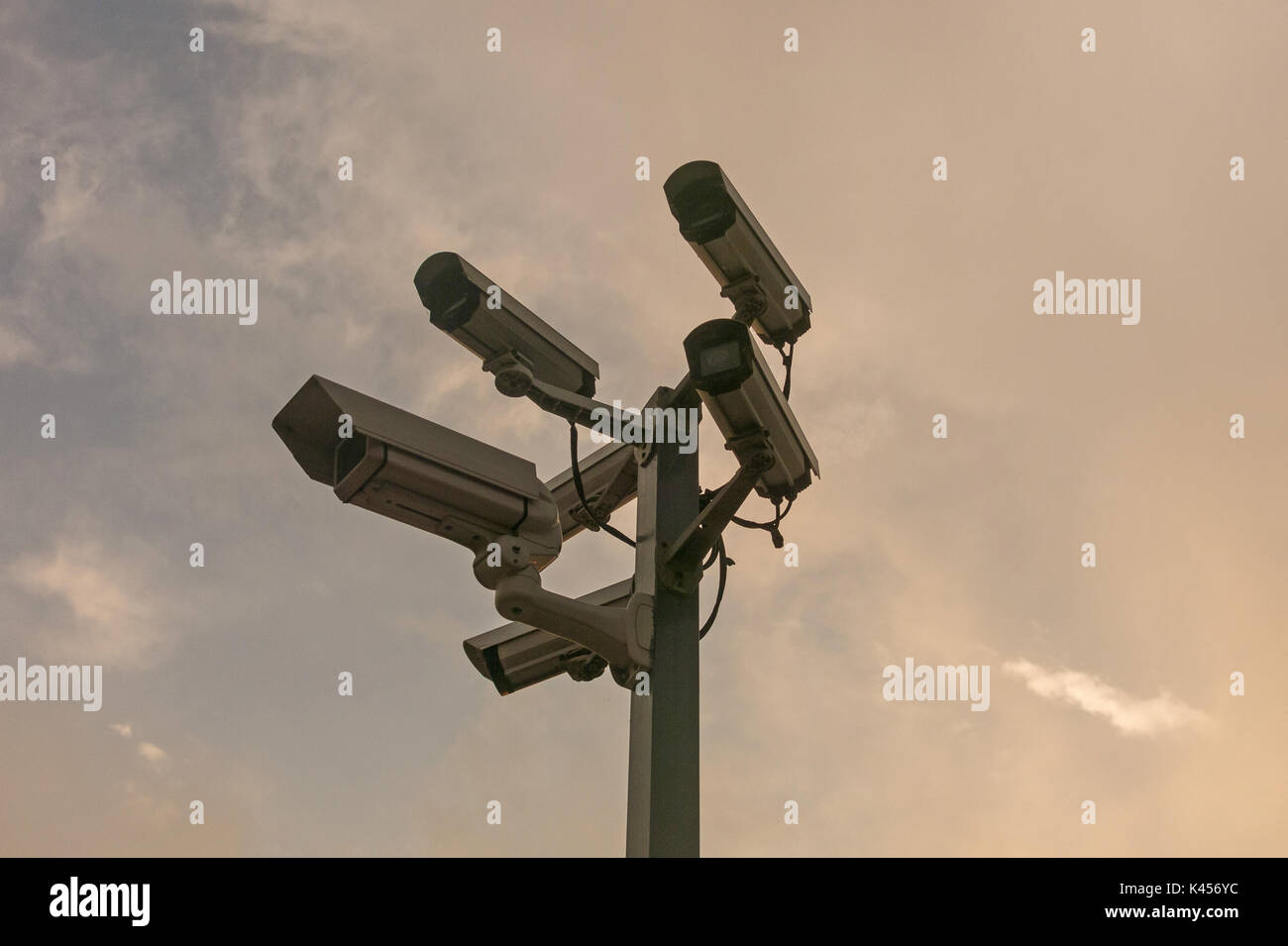 Six cctv security cameras on the street pylon. Security cameras ...
