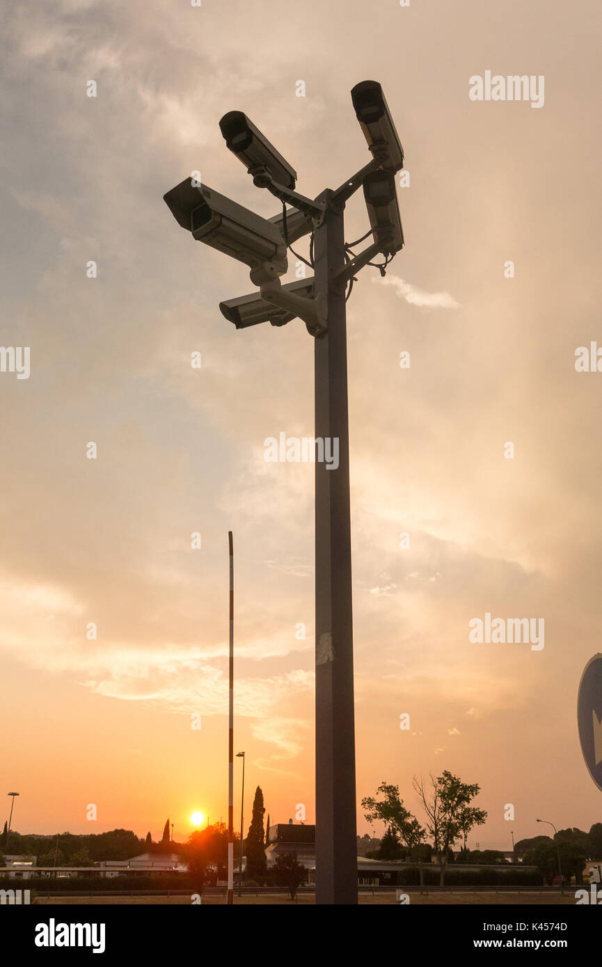 Six cctv security cameras on the street pylon. Security cameras ...