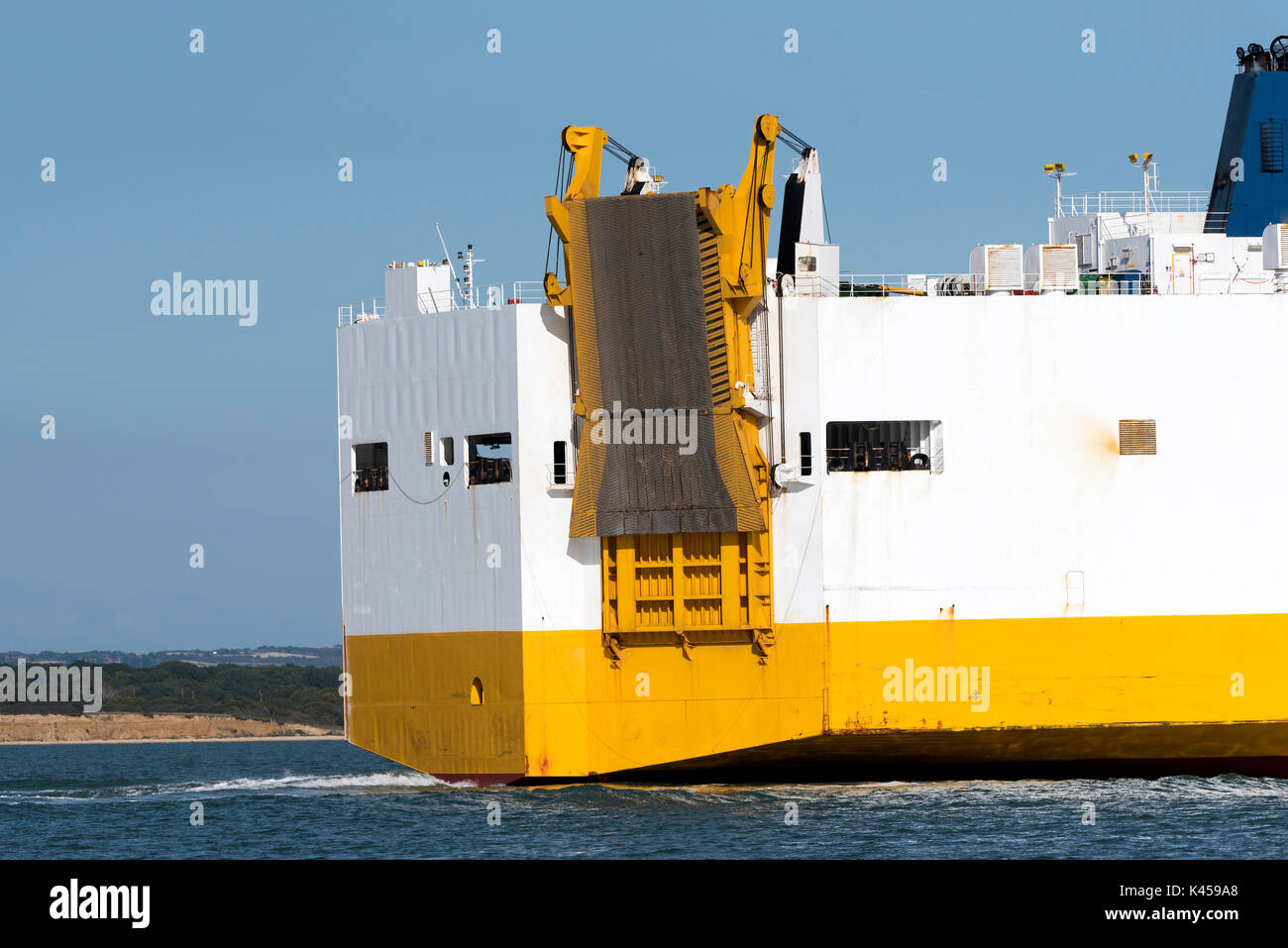 Loading and unloading ramp on the stern of a vehicle carrier ship Stock ...