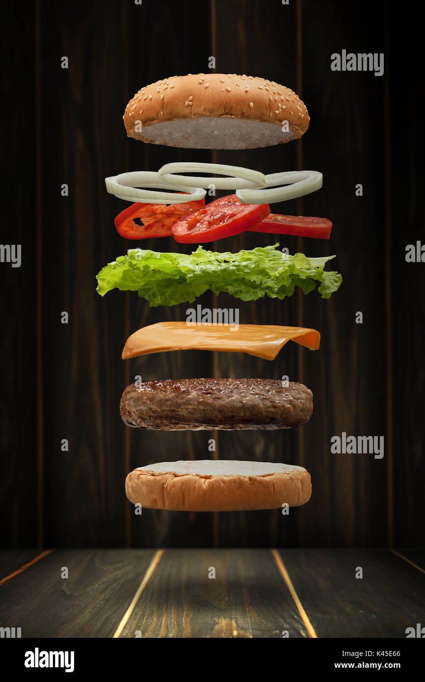 Tasty grilled beef Burger food Floating, food flying style Stock Photo ...